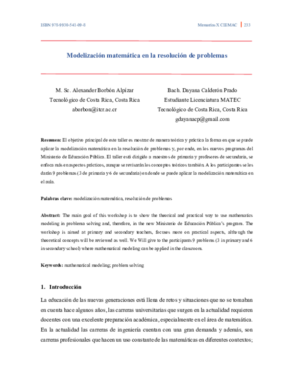(PDF) Modelización matemática en la resolución de problemas