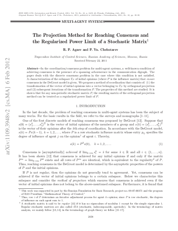 (PDF) The projection method for reaching consensus and the regularized power limit of a ...