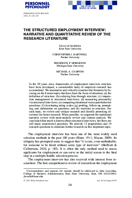 (PDF) The Structured Employment Interview: Narrative and Quantitative Review of the Research ...