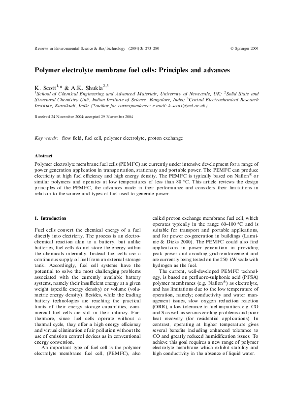 (PDF) Polymer electrolyte membrane fuel cells: Principles and advances