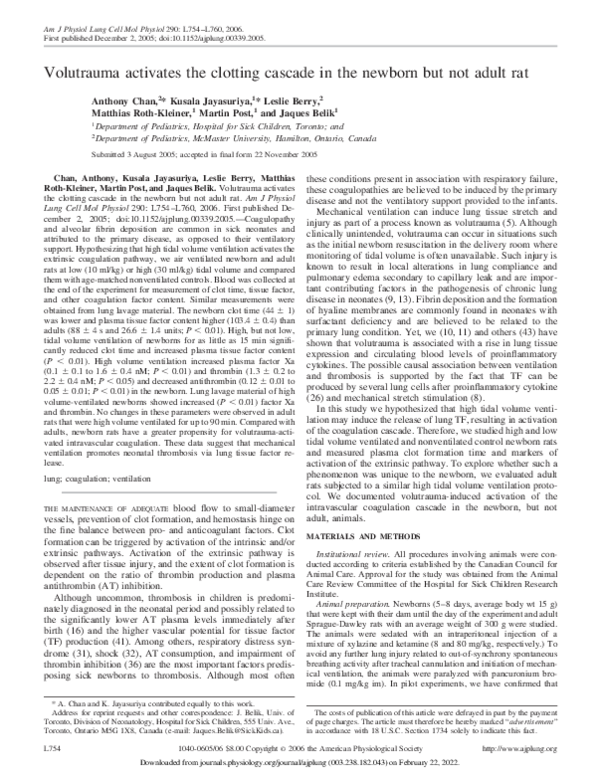 (PDF) Volutrauma activates the clotting cascade in the newborn but not ...