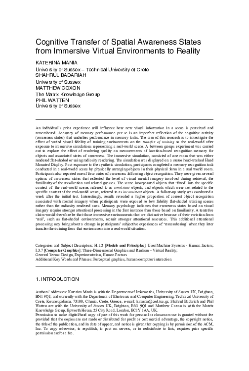 (PDF) Cognitive Transfer of Spatial Awareness States from Immersive ...