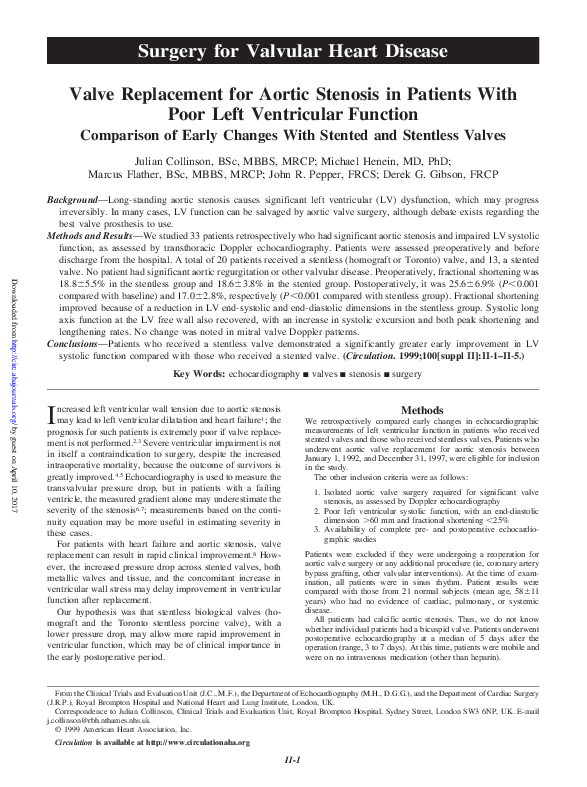 (PDF) Valve Replacement for Aortic Stenosis in Patients With Poor Left ...