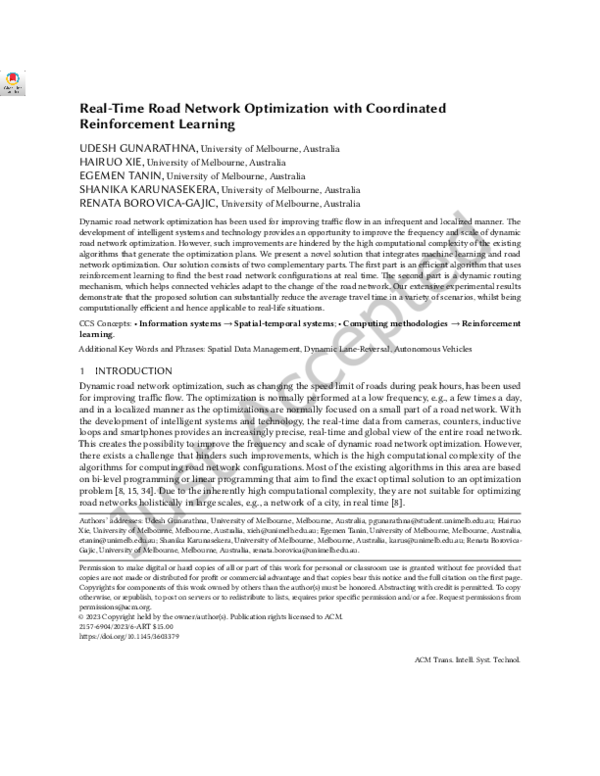 (PDF) Real-time Road Network Optimization with Coordinated Reinforcement Learning