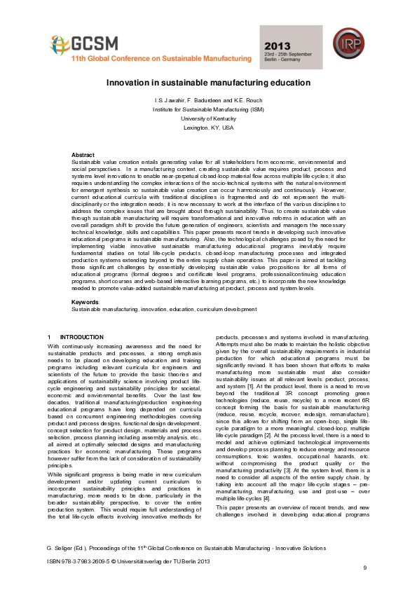 (PDF) Innovation in sustainable manufacturing education