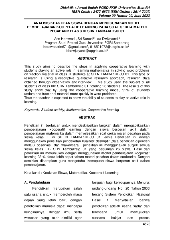 (PDF) Analisis Keaktifan Siswa Dengan Menggunakan Model Pembelajaran Kooperatif Learning Pada ...