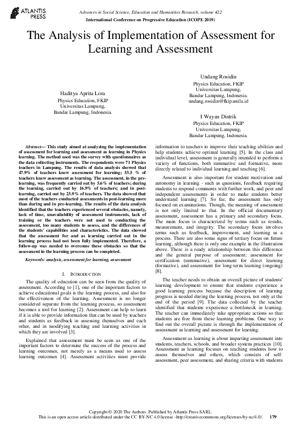 (PDF) The Analysis of Implementation of Assessment for Learning and Assessment