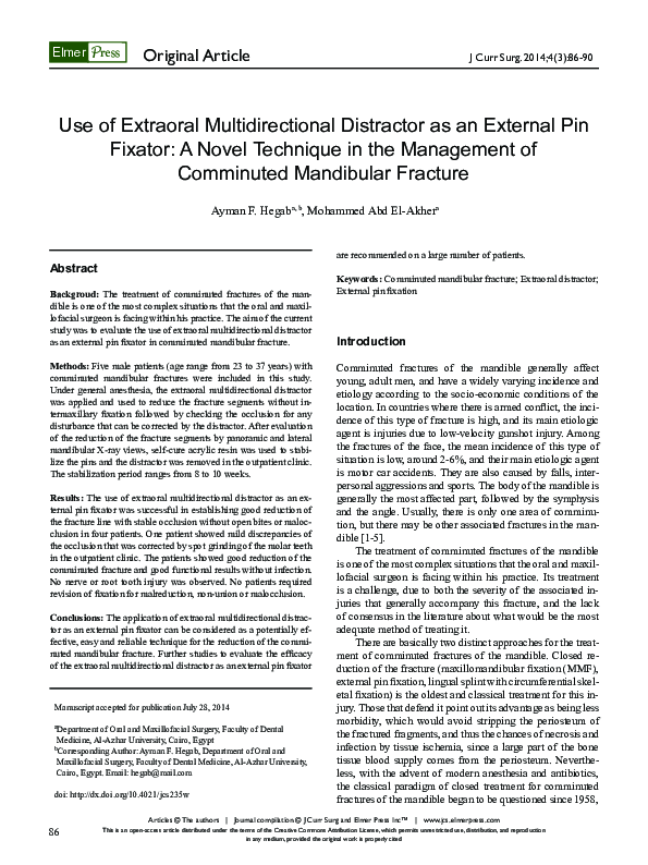 (PDF) Use of Extraoral Multidirectional Distractor as an External Pin Fixator: A Novel Technique ...