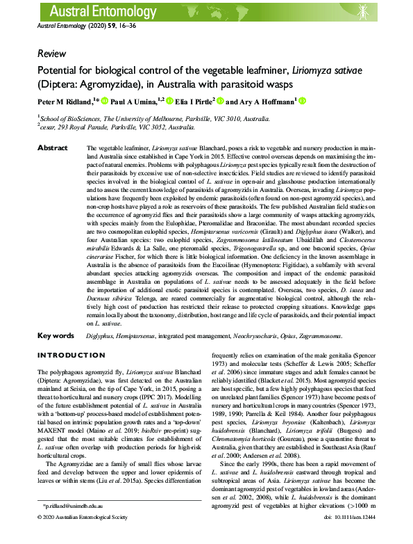 (PDF) Potential for biological control of the vegetable leafminer ...