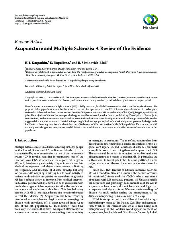 (PDF) Acupuncture and multiple sclerosis: a review of the evidence