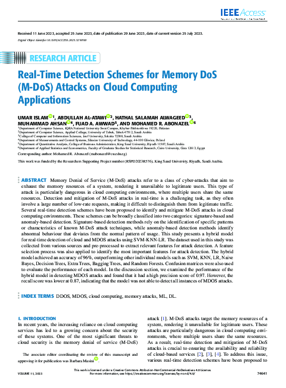 Pdf Real Time Detection Schemes For Memory Dos M Dos Attacks On Cloud Computing Applications