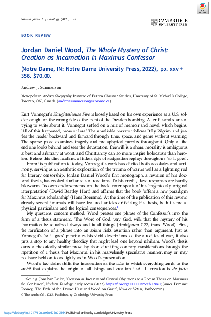 (PDF) Jordan Daniel Wood, The Whole Mystery of Christ: Creation as Incarnation in Maximus ...
