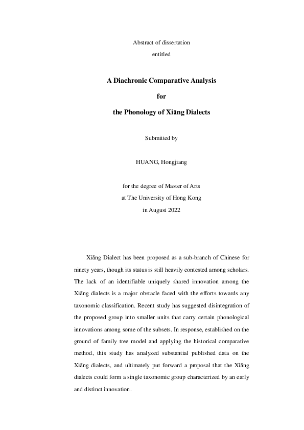 (PDF) A Diachronic Comparative Analysis for the Phonology of Xiang Dialects