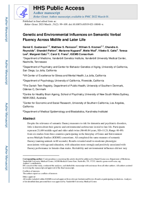 (PDF) Genetic and Environmental Influences on Semantic Verbal Fluency ...
