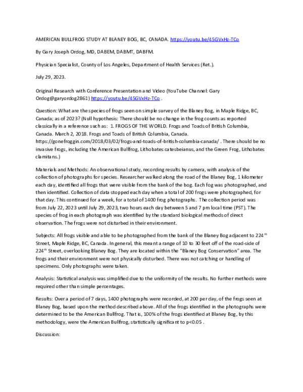 (DOC) AMERICAN BULLFROG STUDY AT BLANEY BOG.