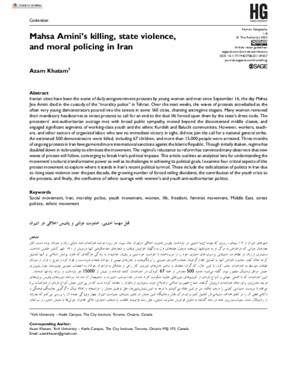 (PDF) Mahsa Amini's killing, state violence, and moral policing in Iran