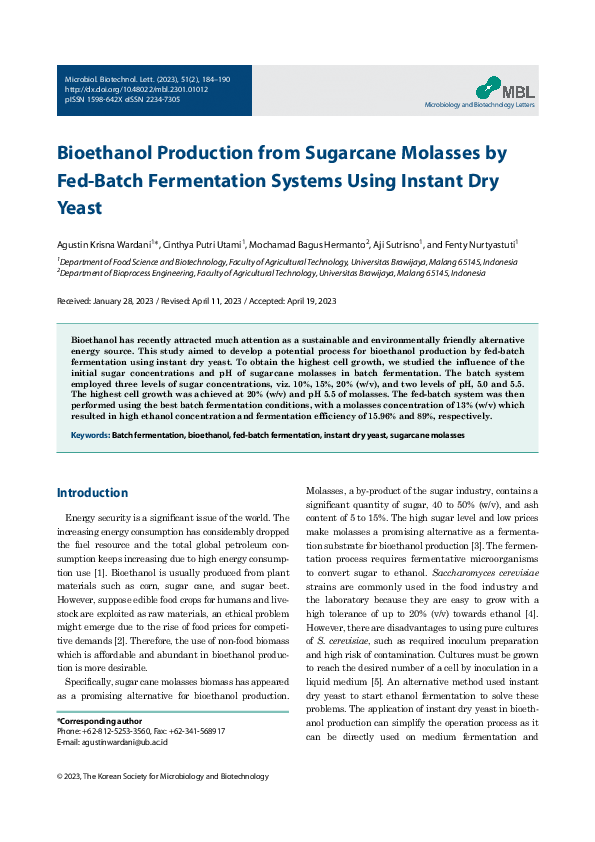 Pdf Bioethanol Production From Sugarcane Molasses By Fed Batch Fermentation Systems Using