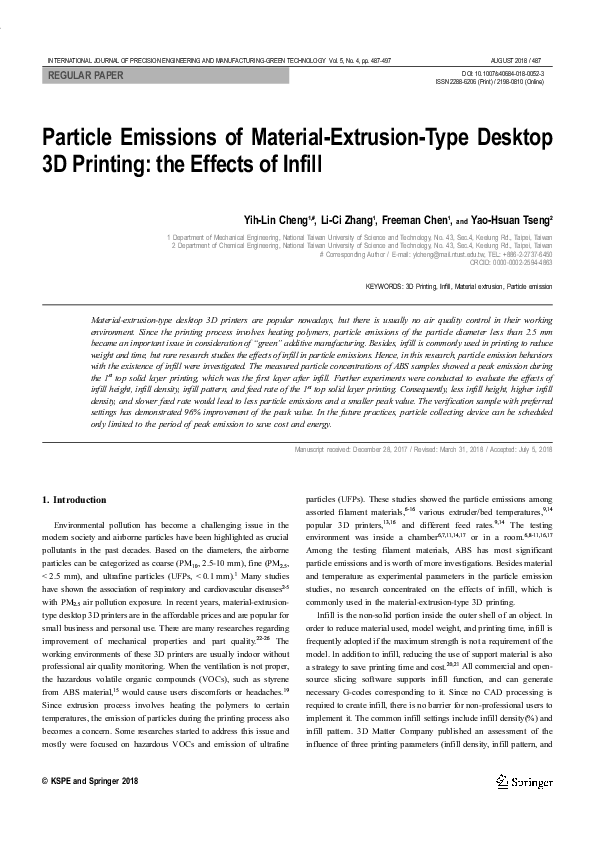 (PDF) Particle Emissions of Material-Extrusion-Type Desktop 3D Printing: the Effects of Infill