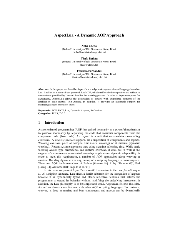 (PDF) AspectLua - A Dynamic AOP Approach | Thais Batista - Academia.edu