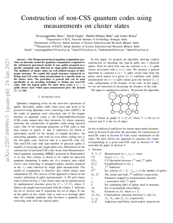 Pdf Construction Of Non Css Quantum Codes Using Measurements On