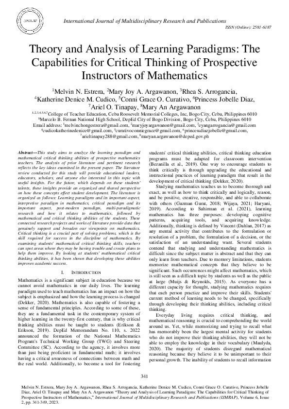 (PDF) Theory and Analysis of Learning Paradigms: The Capabilities for Critical Thinking of ...