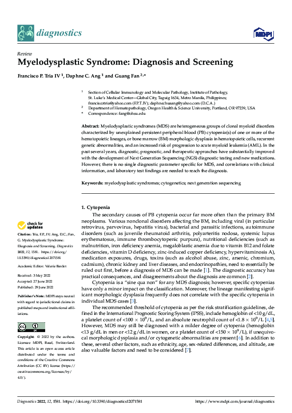 (PDF) Myelodysplastic Syndrome: Diagnosis and Screening