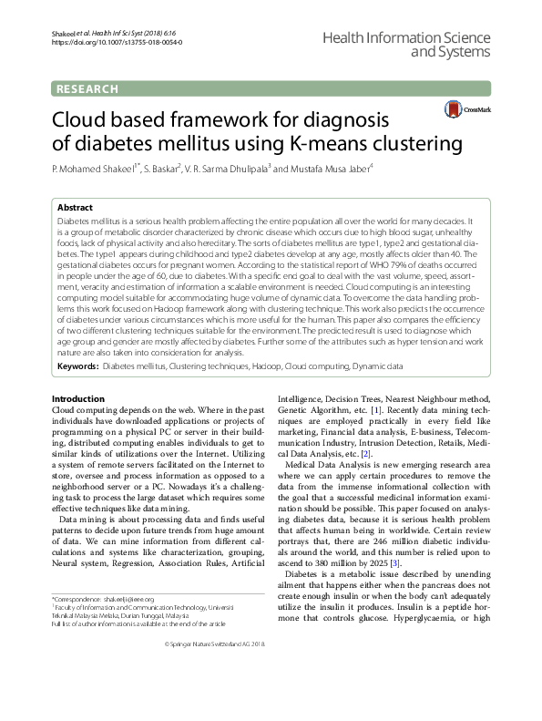 Pdf Cloud Based Framework For Diagnosis Of Diabetes Mellitus Using K