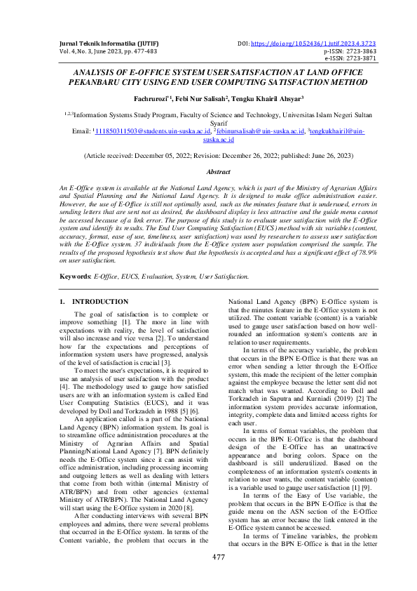 Pdf Analysis Of E Office System User Satisfaction At Land Office