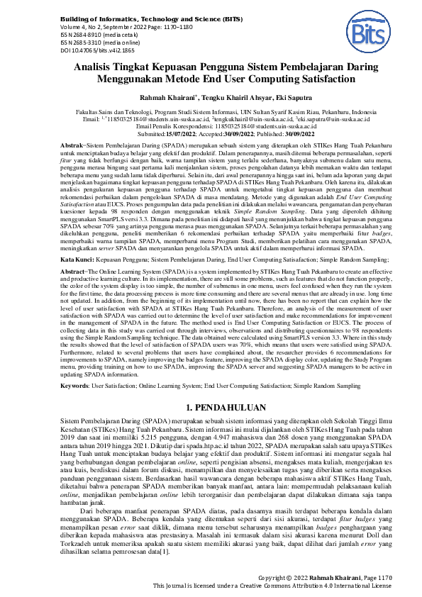(PDF) Analisis Tingkat Kepuasan Pengguna Sistem Pembelajaran Daring Menggunakan Metode End User ...