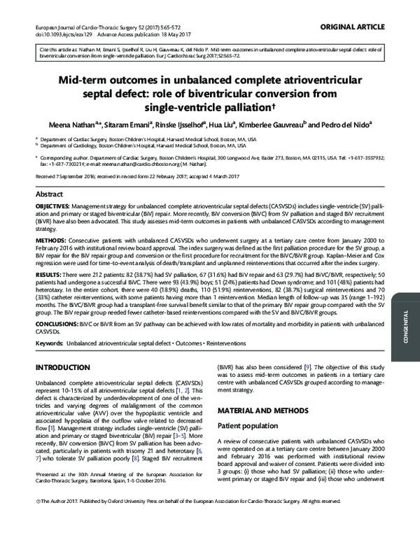 (PDF) Mid-term outcomes in unbalanced complete atrioventricular septal ...