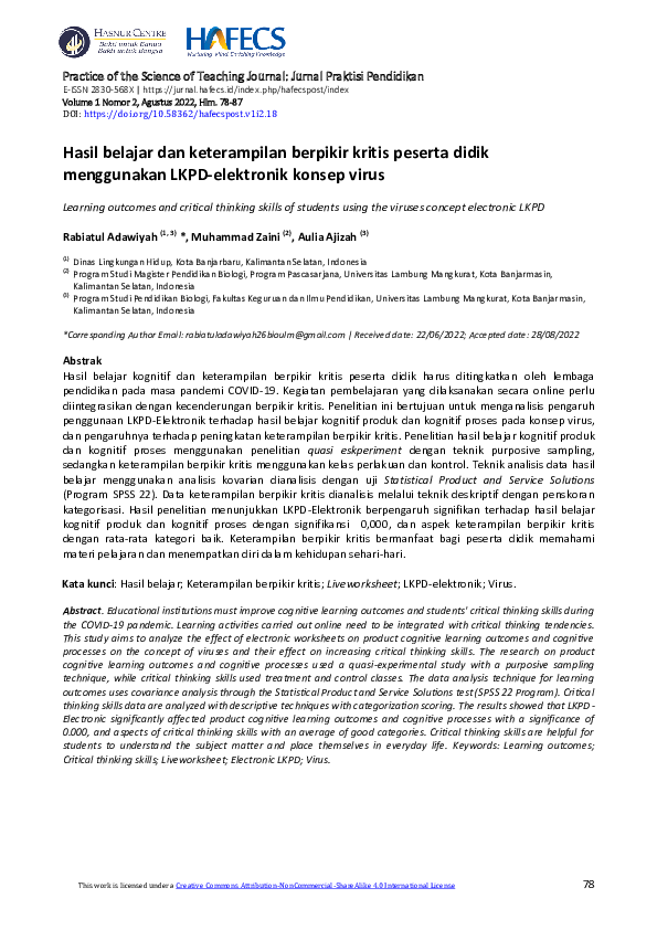 (PDF) Hasil belajar dan keterampilan berpikir kritis peserta didik menggunakan LKPD-elektronik ...