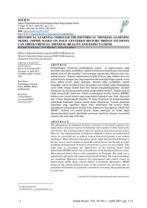 (PDF) Historical Learning Through the Historical Thinking Learning ...