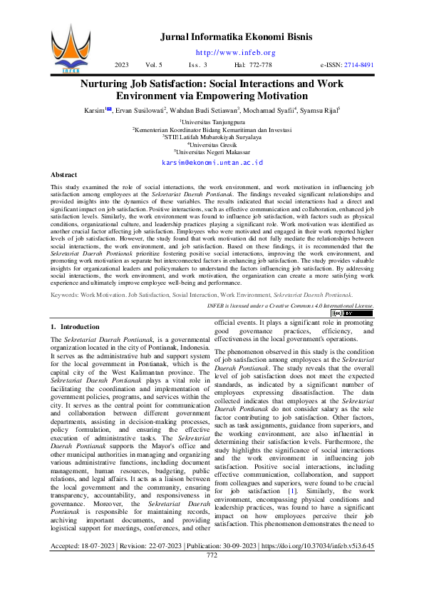 (PDF) The Nurturing Job Satisfaction: Social Interactions and Work ...