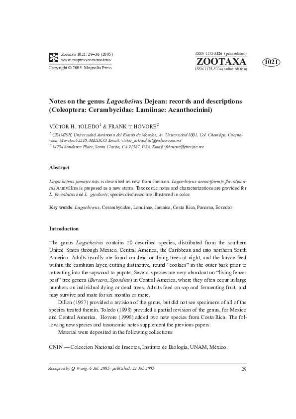 (PDF) Notes on the genus Lagocheirus Dejean: records and descriptions ...