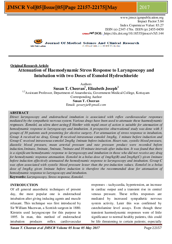(PDF) Attenuation of Haemodynamic Stress Response to Laryngoscopy and ...