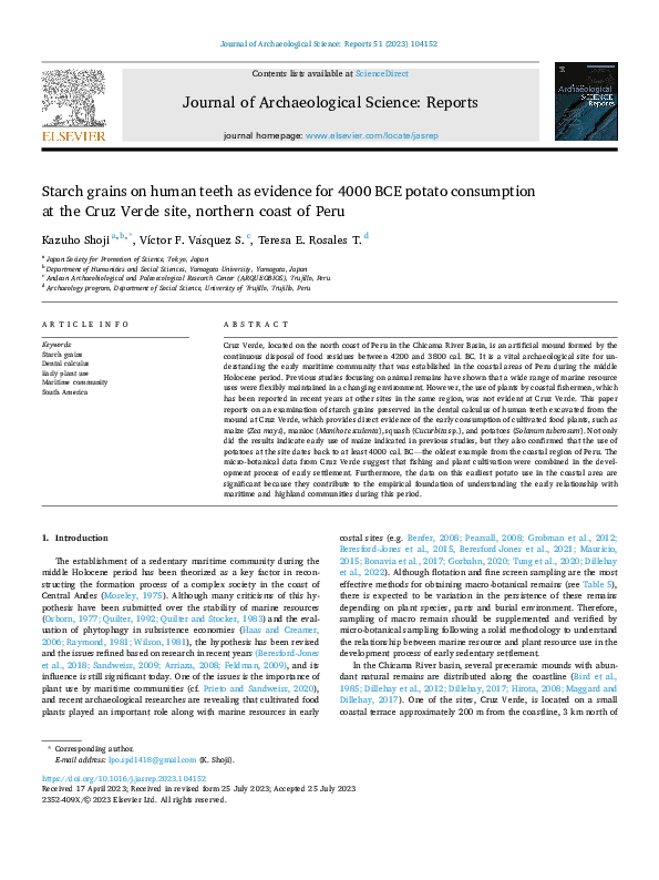 (PDF) Starch grains on human teeth as evidence for 4000 BCE potato ...