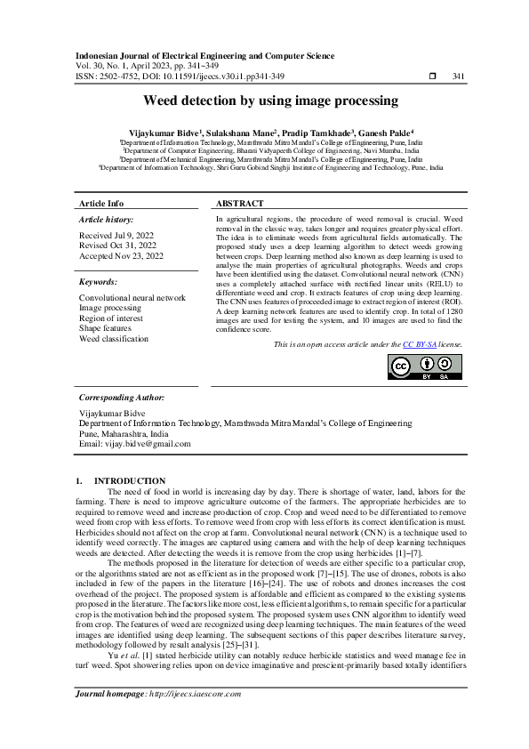 (PDF) Weed detection by using image processing | Indonesian Journal of Electrical Engineering ...