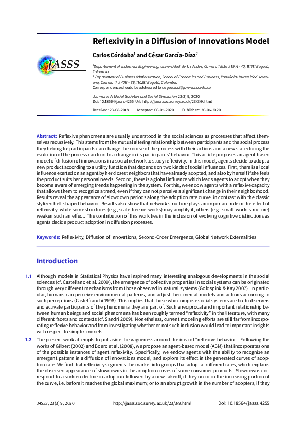 (PDF) Reflexivity in a Diffusion of Innovations Model