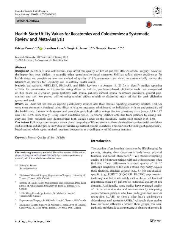 (PDF) Health State Utility Values for Ileostomies and Colostomies: a ...