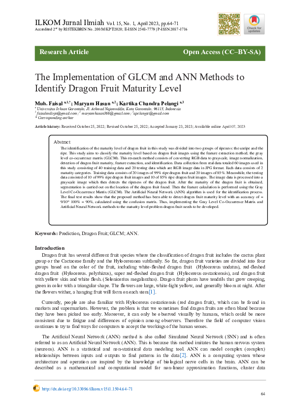 (PDF) The Implementation of GLCM and ANN Methods to Identify Dragon Fruit Maturity Level