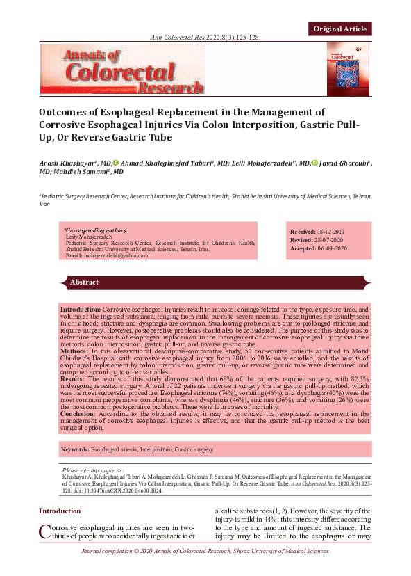 (PDF) Outcomes of Esophageal Replacement in the Management of Corrosive ...