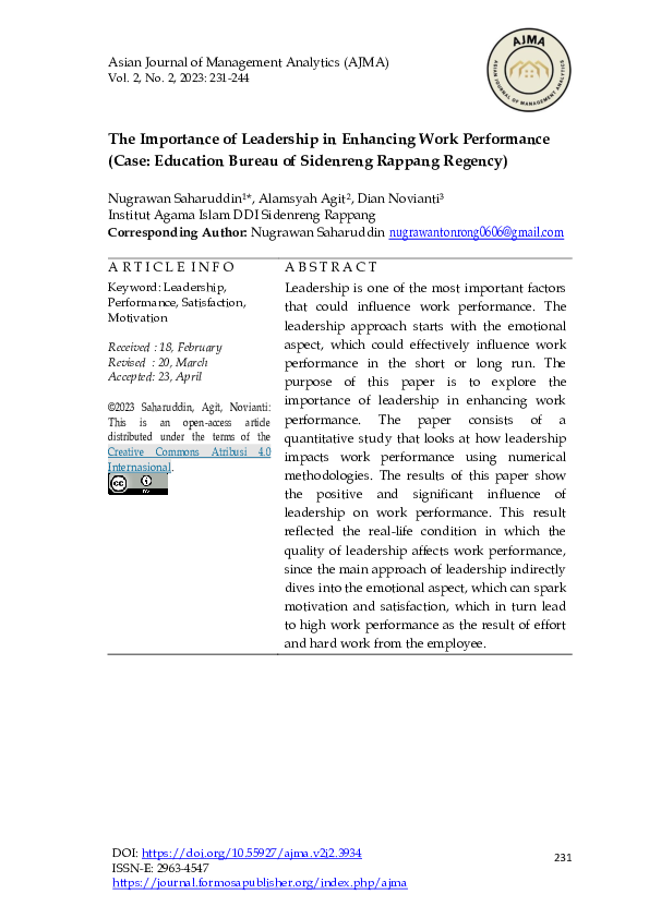 (PDF) The Importance of Leadership in Enhancing Work Performance (Case ...