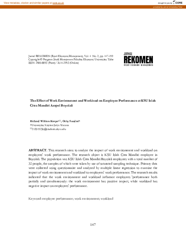 (PDF) The Effect of Work Environment and Workload on Employee Performance at KSU Islah Citra ...