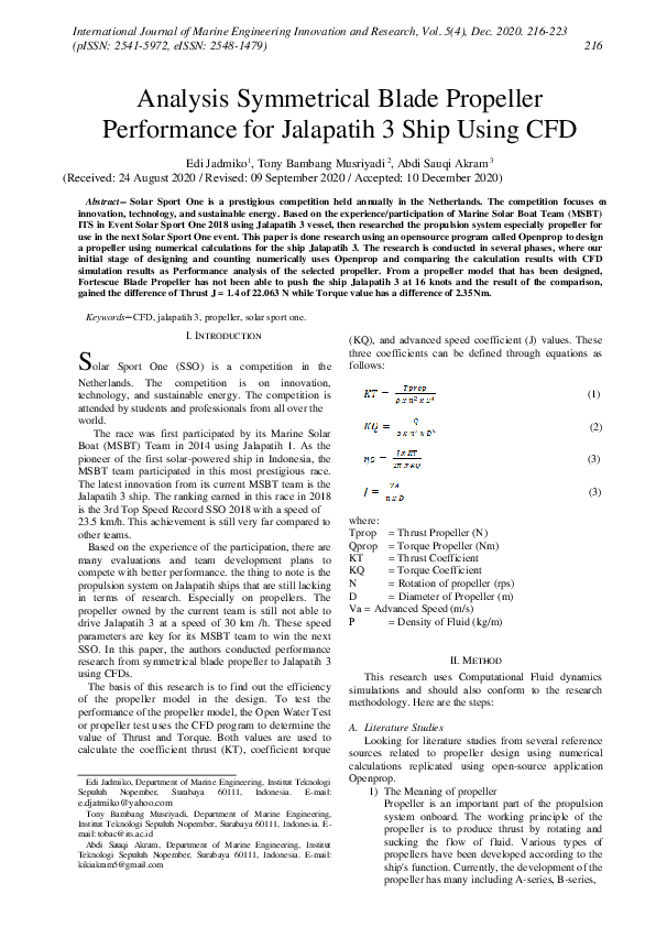 (PDF) Analysis Symmetrical Blade Propeller Performance for Jalapatih 3 Ship Using CFD