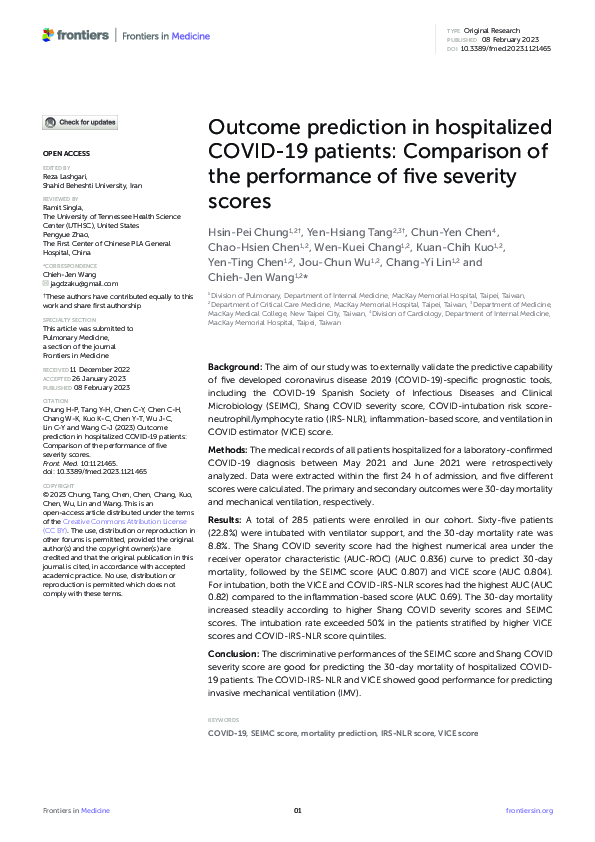 (PDF) Outcome prediction in hospitalized COVID-19 patients: Comparison ...