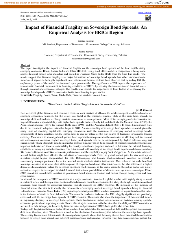 (PDF) Impact of Financial Fragility on Sovereign Bond Spreads: An Empirical Analysis for Brics ...