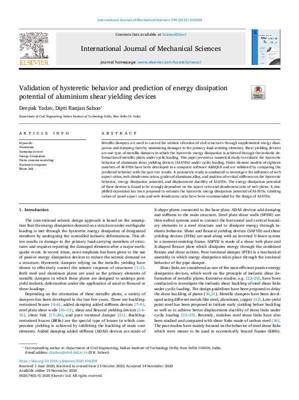 (PDF) Validation of hysteretic behavior and prediction of energy dissipation potential of ...