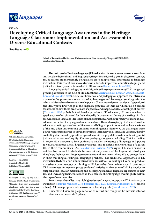 (PDF) Developing Critical Language Awareness in the Heritage Language Classroom: Implementation ...