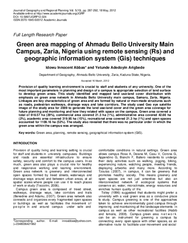 (PDF) Green area mapping of Ahmadu Bello University Main Campus, Zaria ...