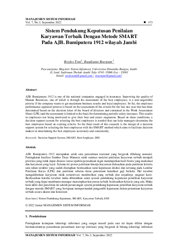 (PDF) Sistem Pendukung Keputusan Penilaian Karyawan Terbaik Dengan Metode SMART Pada AJB ...